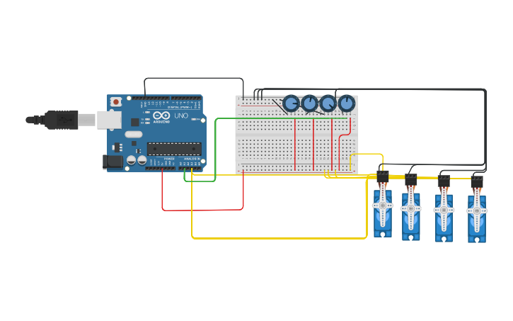 Circuit design 4 SERVO-MOTORES. (4 POTENCIÓMETROS). - Tinkercad