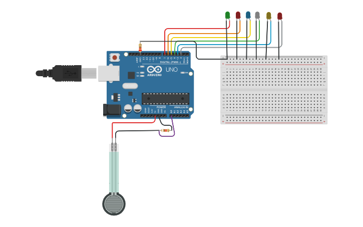 Circuit design 4. Give strength level (multiple led light) using force sensor - Tinkercad