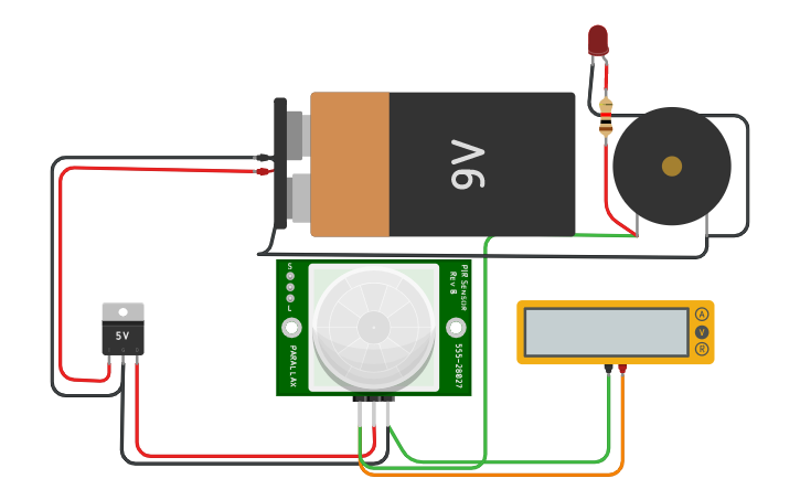 Circuit design PIR Sensor with Buzzer and LED | Tinkercad
