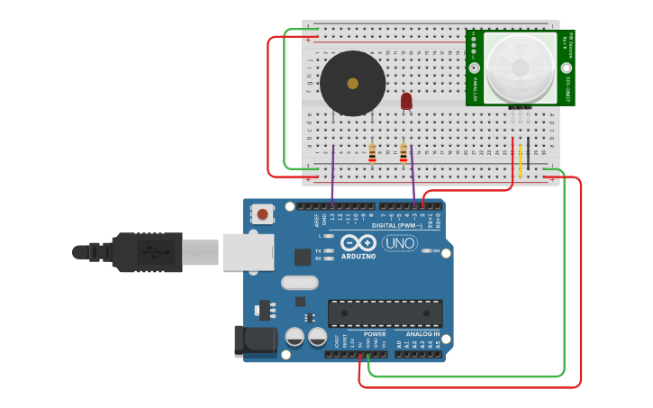 Circuit design PIR Sensor with buzzer and led - Tinkercad