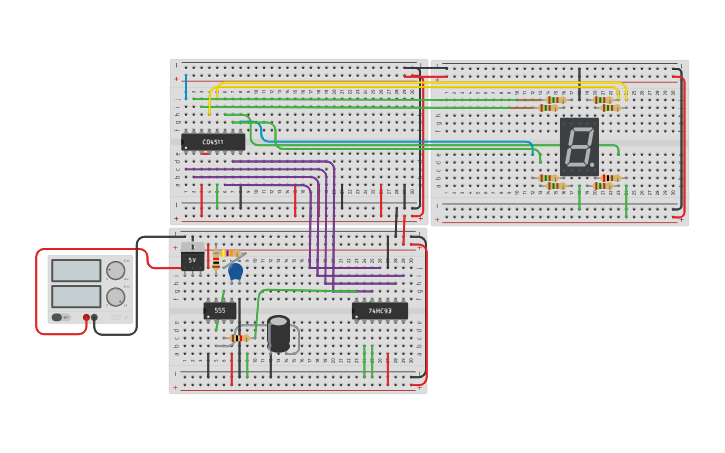 Circuit design Binary counter with 555 timer and 7 segment display - Tinkercad