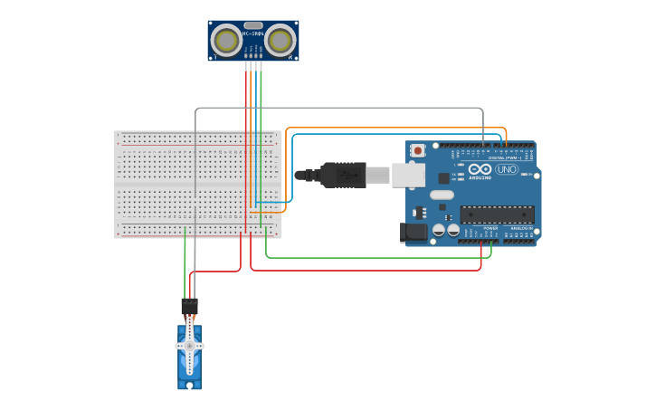 Circuit design Ultrasonic + Servo - Tinkercad