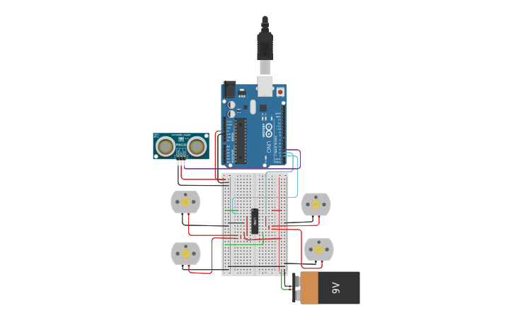 Circuit design dc motor with ultrasonic - Tinkercad