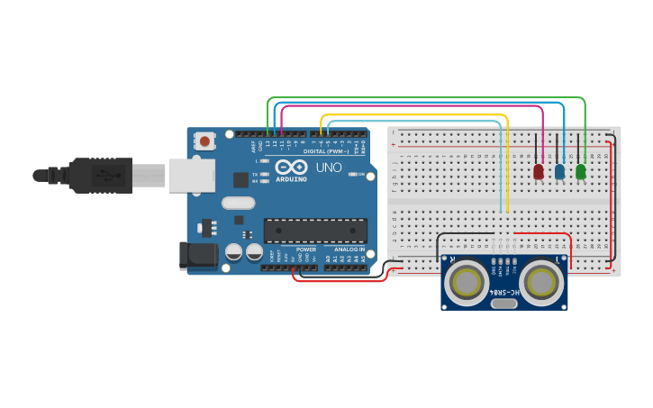 Circuit design sensor de parqueadero - Tinkercad