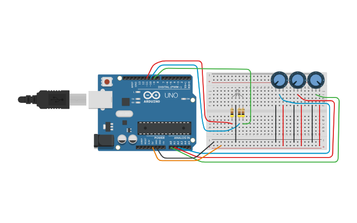 Circuit design Led RGB objetivo com 3 potenciômetros - Tinkercad