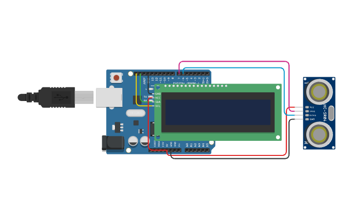 Circuit design Pantalla LCD 16 x 2 I2C 0x27 + Sensor Ultrasónico ...