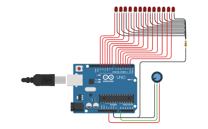 Circuit design Arduino with Potentiometer Control 13 LEDs - Tinkercad