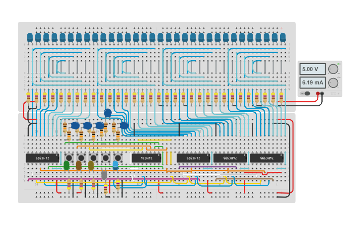 Circuit design Multiple shift registers, a lot of LEDs and hardware debouncing - Tinkercad