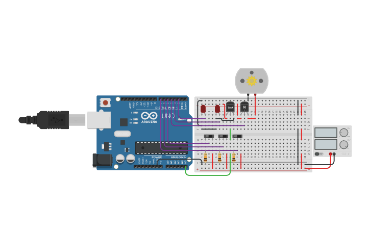 Circuit design Multitasking with led, temp sensor and motor - Tinkercad