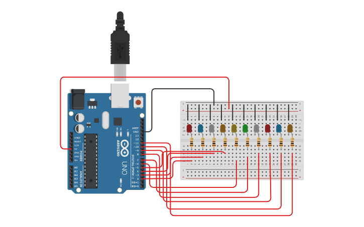 Circuit design 10 Dancing LED - Tinkercad
