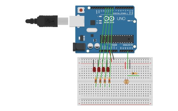 Circuit design 2.3 Rangkaian sensor cahaya dan 4 LED | Tinkercad