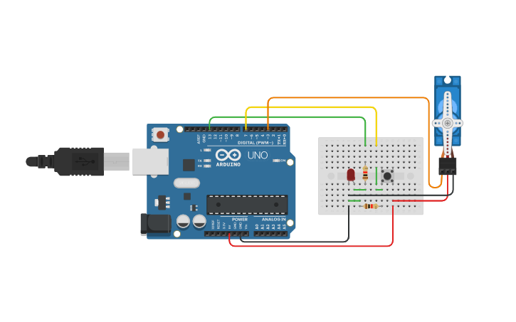 Circuit design mover servo con pulsador - Tinkercad