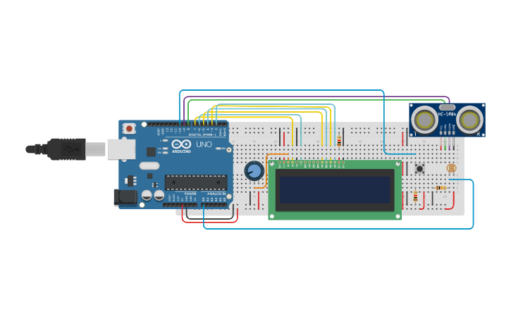 Circuit design LCD 1602 Distancia LDR Pulsador - Tinkercad