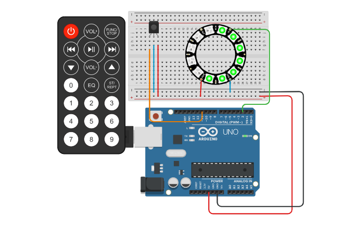 Circuit design comando_IR-ring_neopixel | Tinkercad