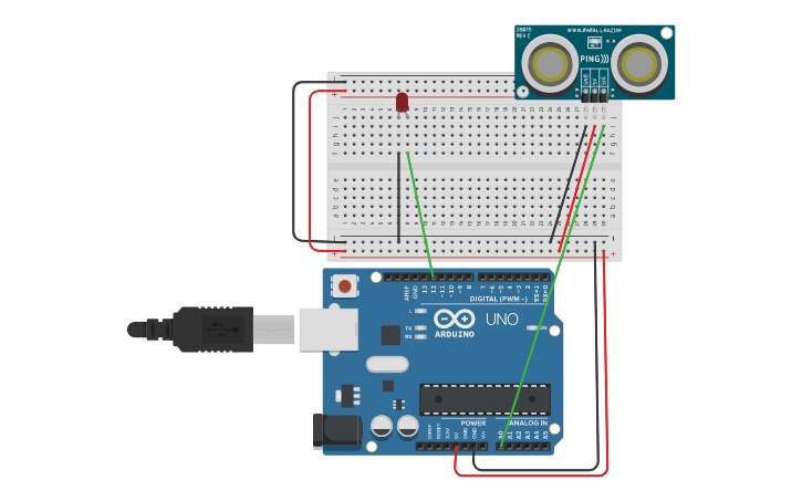 Circuit design Ultrasonic Sensor Triggers LED - Tinkercad