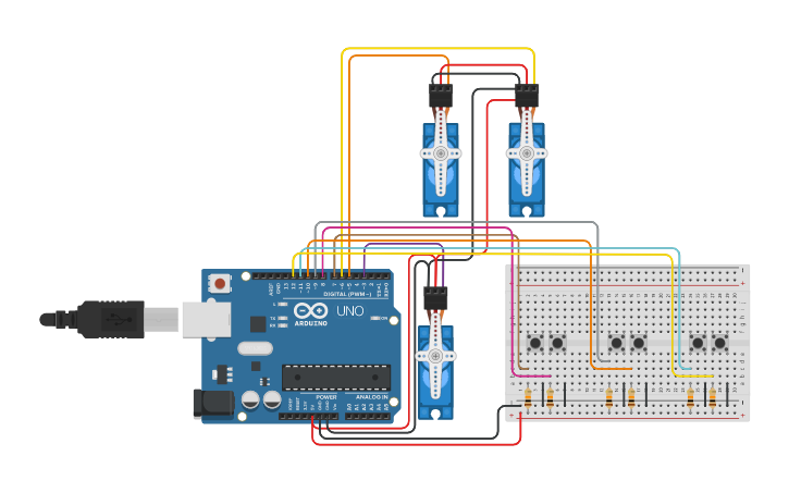 Circuit design brazo micro servos - Tinkercad