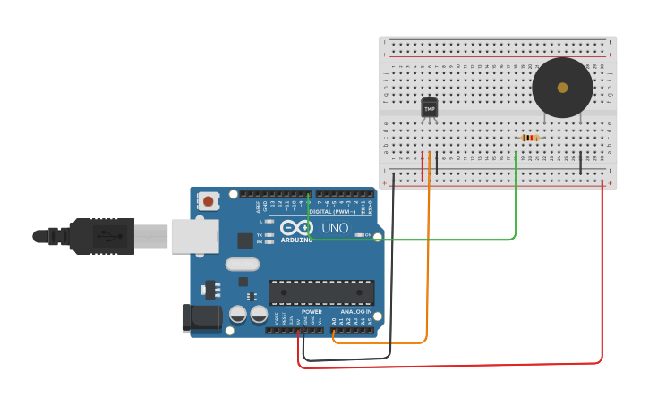 Circuit design Thermistor + Alarm - Tinkercad