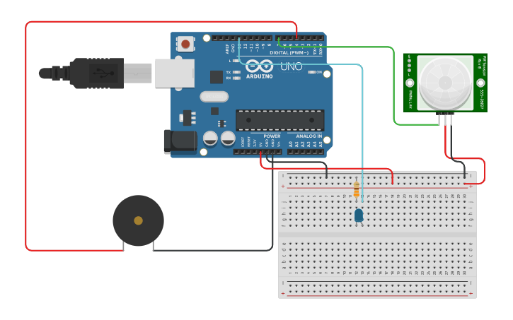 Circuit design Led y alarma con sensor de movimiento. - Tinkercad