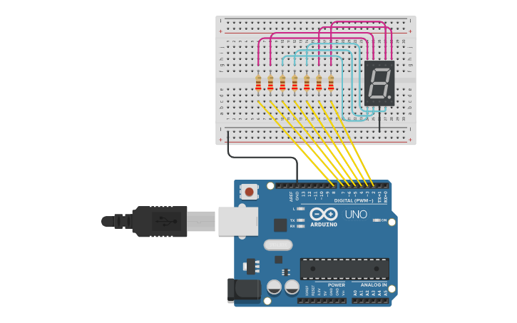Circuit design DISPLAY A 7 SEGMENTI | Tinkercad