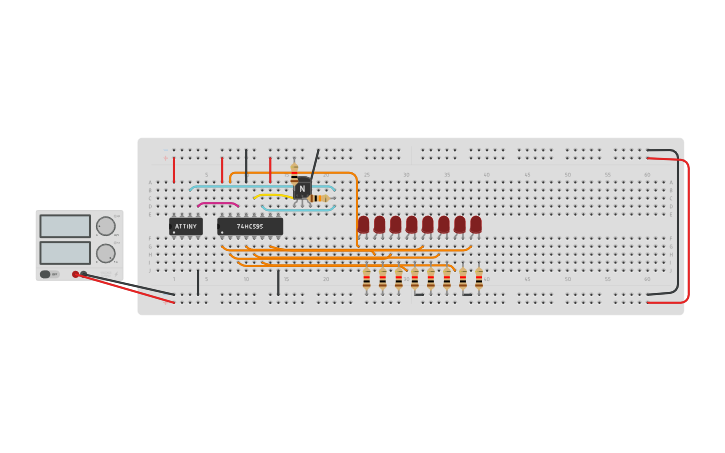 Circuit design ATTINY 8-Bit Shift register - Tinkercad