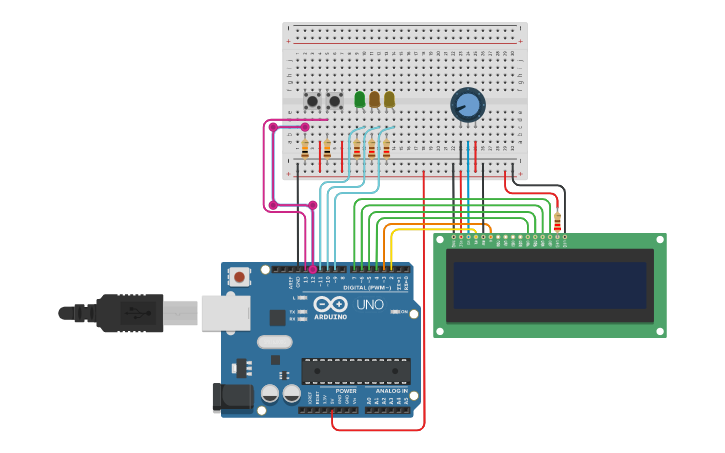 Circuit design 2 buttons menu lcd | Tinkercad