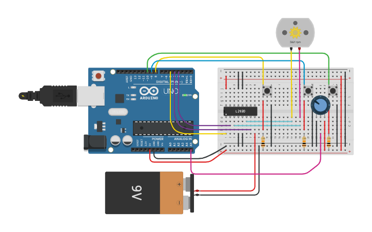 Circuit design DC Motor With buttons | Tinkercad