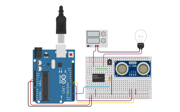 Circuit design Sensor ultrasónico con relevador - Tinkercad