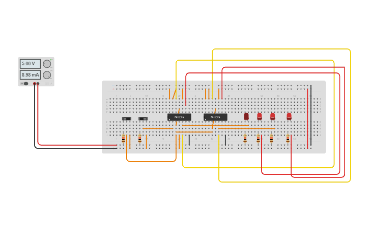 Circuit design 4 bit shift register - Tinkercad