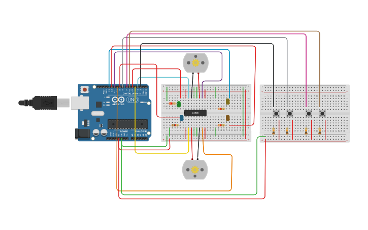 Circuit design DC Motors Controled by Push Buttons - Tinkercad