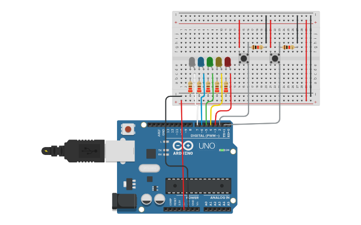 Circuit design 5 led con pulsadores | Tinkercad