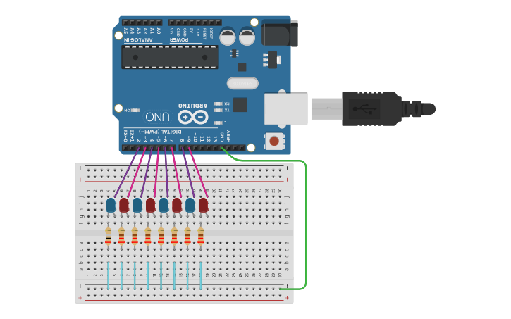 Circuit design simulador de 8 leds en tinkercad - Tinkercad
