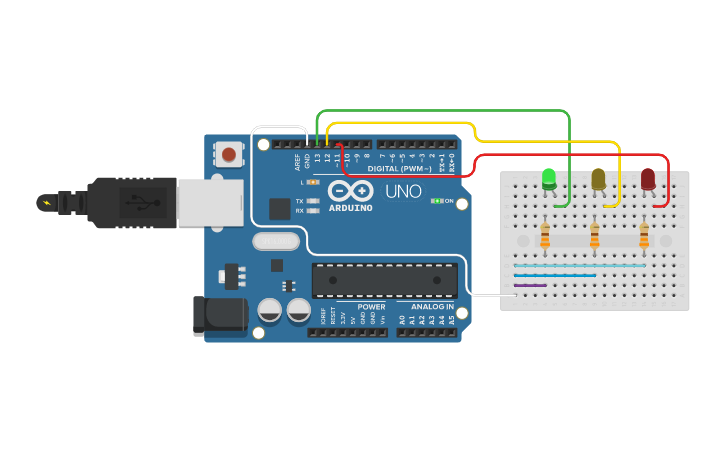 Circuit design Ejercicio 3 Arduino - Traffic Lights - Tinkercad