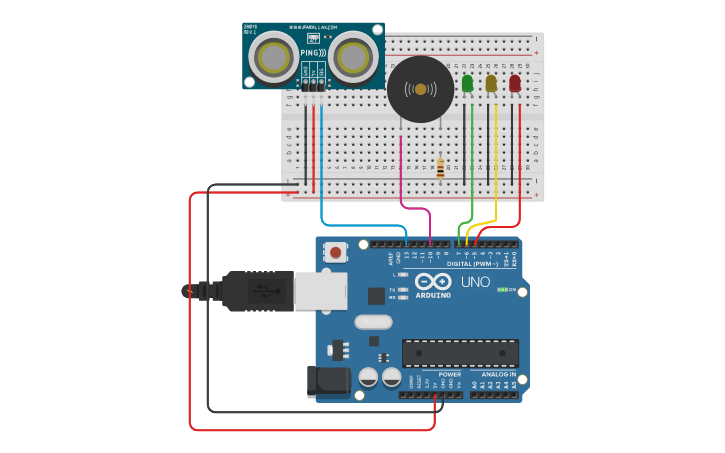 Circuit design Ардуино, буззер, ультра звуковой датчик - Tinkercad