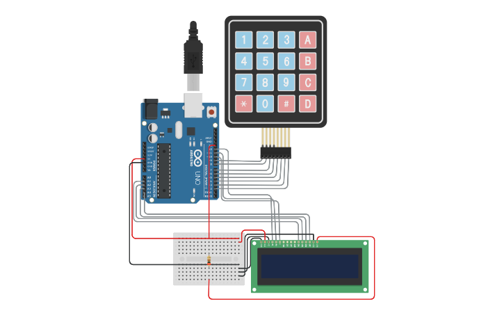Circuit design 3ra Practica LCD y teclado 4x4 - Tinkercad