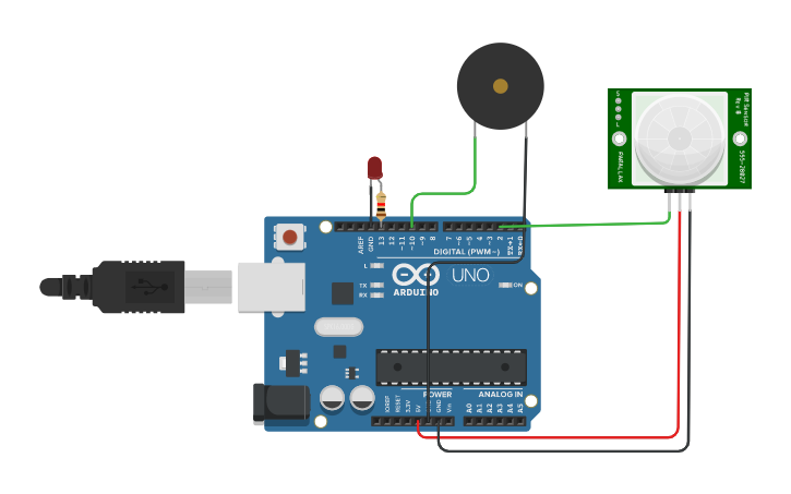 Circuit design sensor de movimento com buzzer - Tinkercad