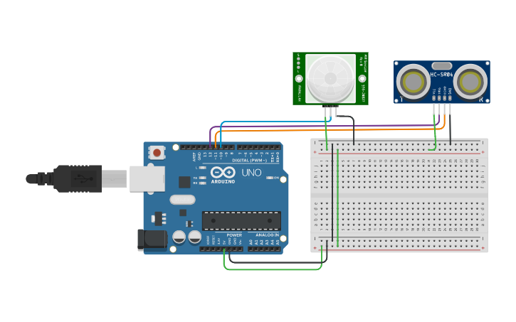 Circuit design sensor PIR dan sensor ultrasonic HC-SR04 - Tinkercad Circuit design sensor PIR dan sensor ultrasonic HC-SR04 - Tinkercad