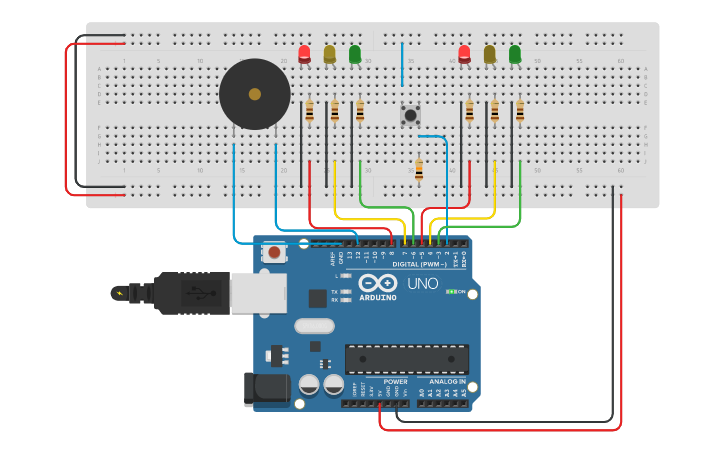 Circuit design Semaforo con buzzer - Tinkercad