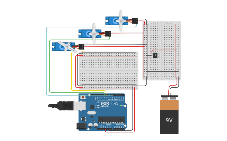 Circuit design Robotic Arm with 3 Servos - Tinkercad