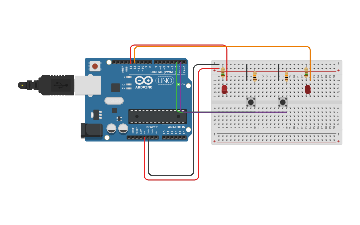 Circuit design 2 botao 2 led - Tinkercad
