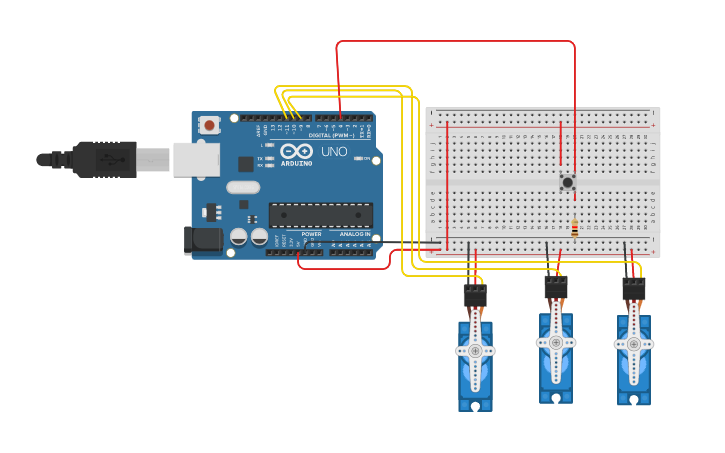 Circuit design examen 3 servos con sensor | Tinkercad
