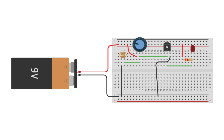 Circuit design 5-PLACA PROTOBOARD-Transistor con LDR(libro página 142) - Tinkercad