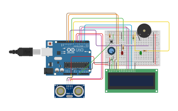 Circuit design Copy of Robotics, LED, Buzzer, LCD, Ultrasonic Sensor - Tinkercad