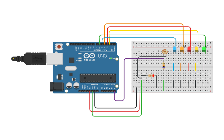Circuit design LEDS - FOTORESISTOR - Tinkercad