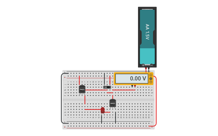 Circuit design Roteiro 1: "Not gate" using cmos | Tinkercad