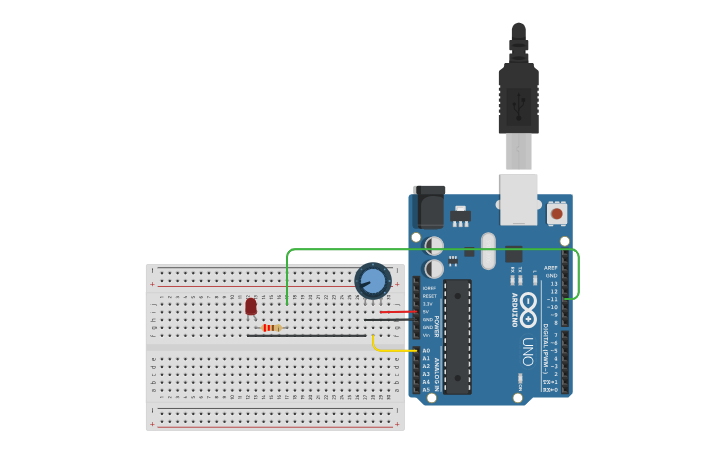 Circuit design Potentiometer LED fade | Tinkercad