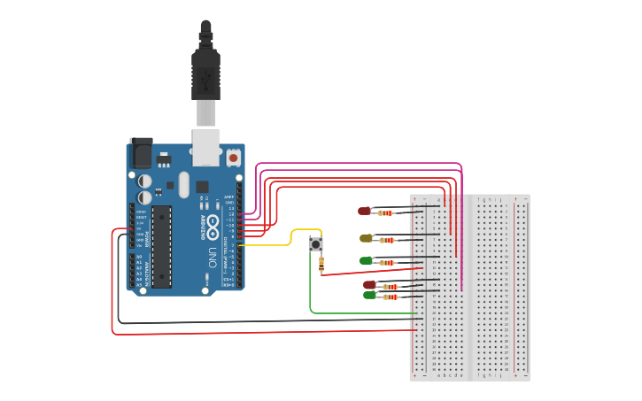 Circuit design semafor pre chodcov - Tinkercad
