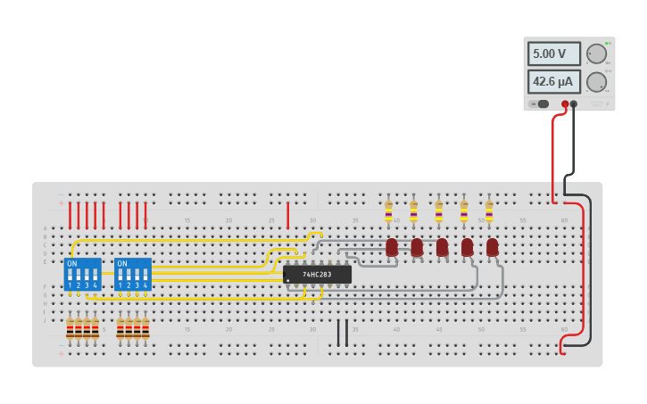 Circuit design 4 BIT ADDER (74HC283) - Tinkercad