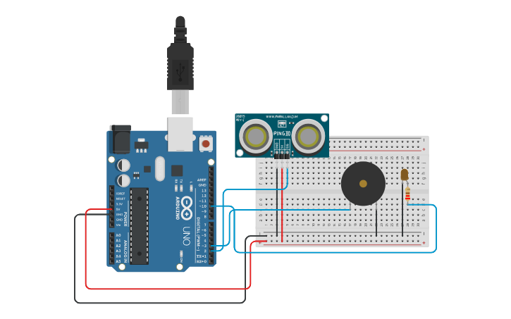 Circuit design Sensor Ultrasonik dengan Buzzer - Tinkercad