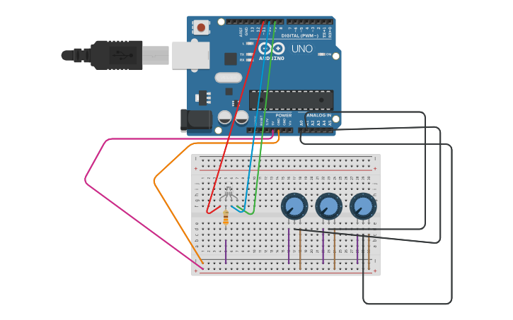 Circuit design led rgb y potenciómetros - Tinkercad