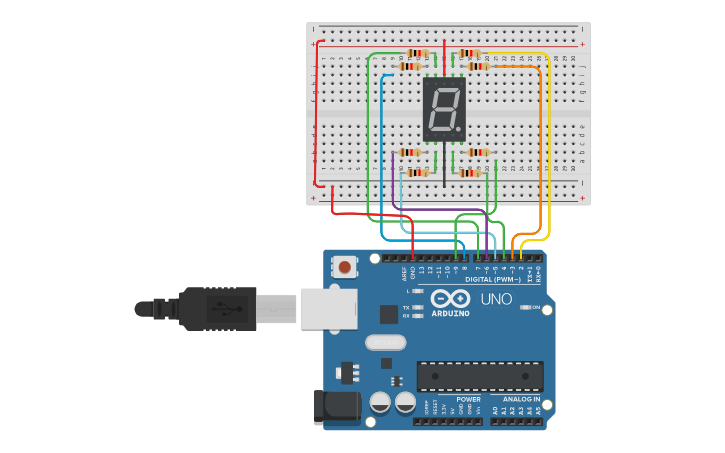 Circuit design 7 segment display COUNT DOWN - Tinkercad